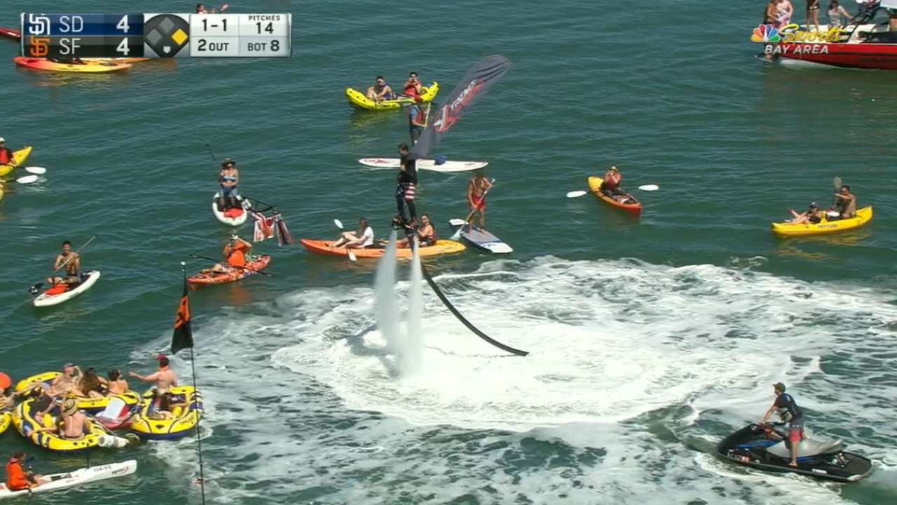 Fan uses jetpack device in McCovey Cove - YouTube