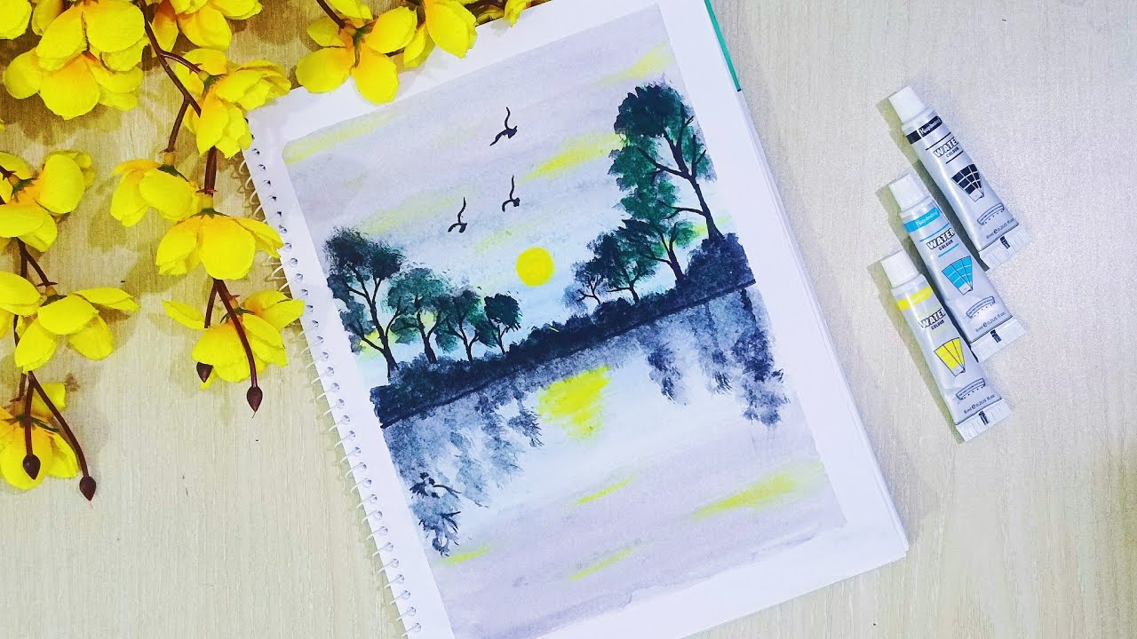 How to draw a sunset drawing || Beautiful riverside drawing || Drawing ...