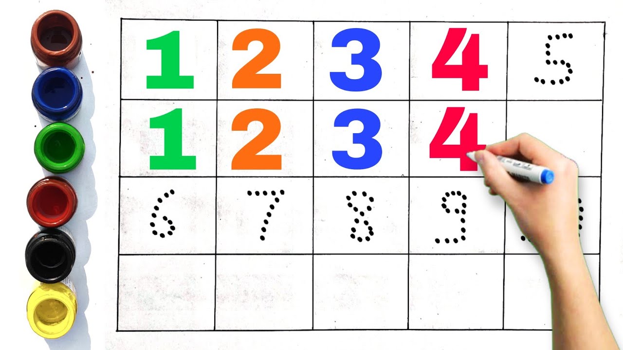 Kids learning drawing 1 to 10 with colorful paint, colouring number# ...