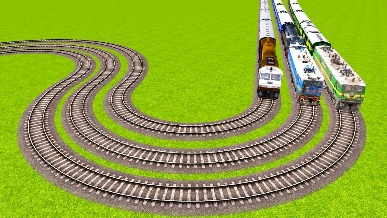 THREE TRAINS VS THREE CRAZY SHARP ROUNDED TURNS RAILROAD TRACKS| ️ ...