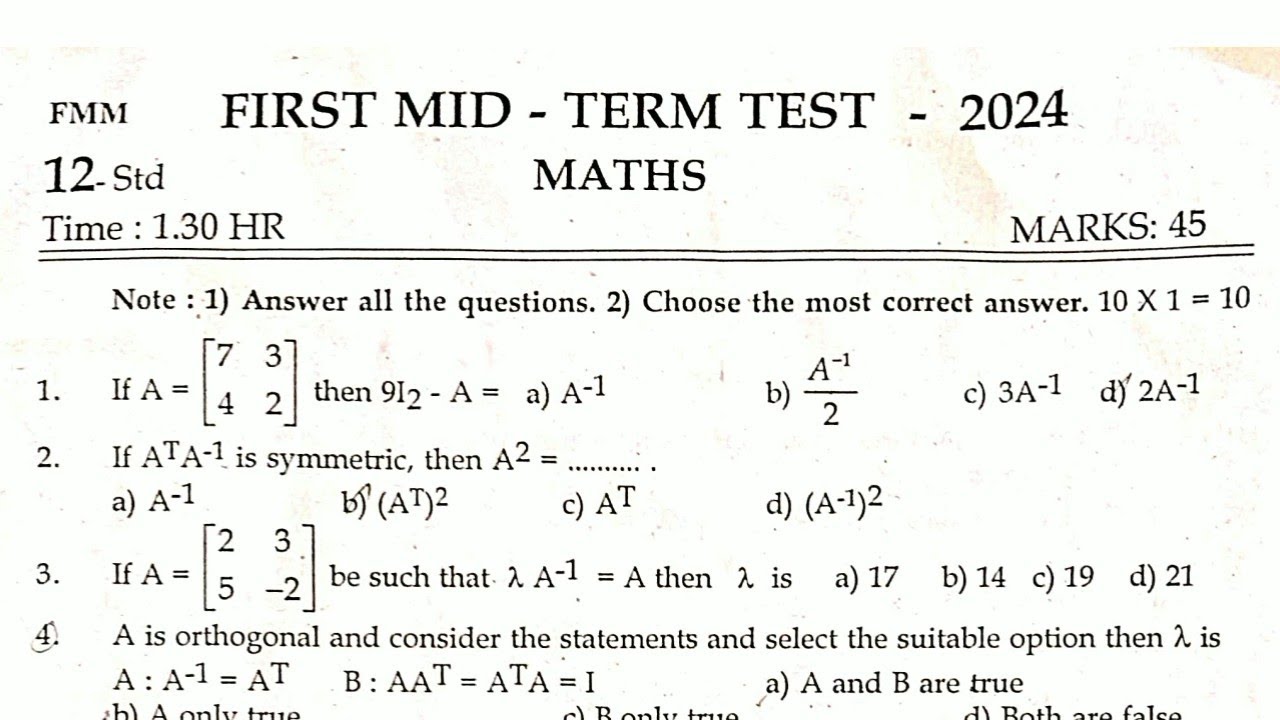 12th maths first midterm exam original question paper 2024 - YouTube
