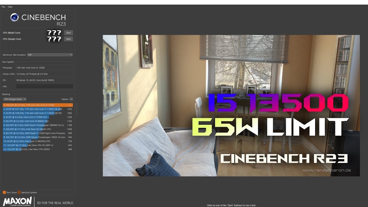 Intel core i5 13500 with 65W limit + temperature in Cinebench R23 - YouTube
