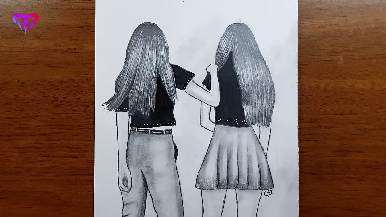 Best friends pencil Sketch Tutorial - How To Draw Two Friends Hugging ...