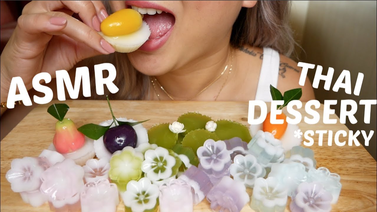 ASMR *Sticky Eating Sounds | Thai Dessert (Jelly luk chup) | N.E Let's ...
