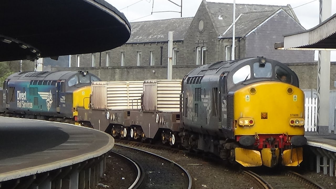 DRS 37609 + 37218 at Carnforth with nuclear flasks - YouTube