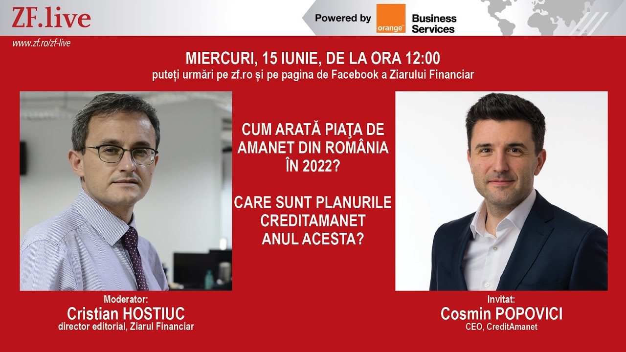 Cosmin Popovici, CEO CreditAmanet, este invitatul emisiunii ZF live ...