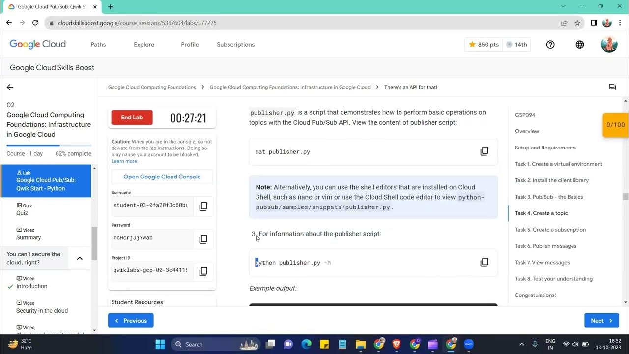 TRACK 2 LAB 4 Google Cloud Pub Sub Qwik Start Python - YouTube