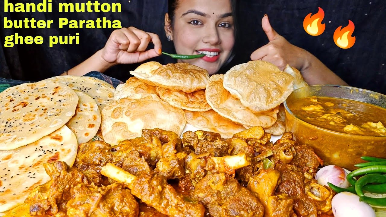 Eating spicy handi mutton/খাসির মাংস, mutton charbi daal with puri ...