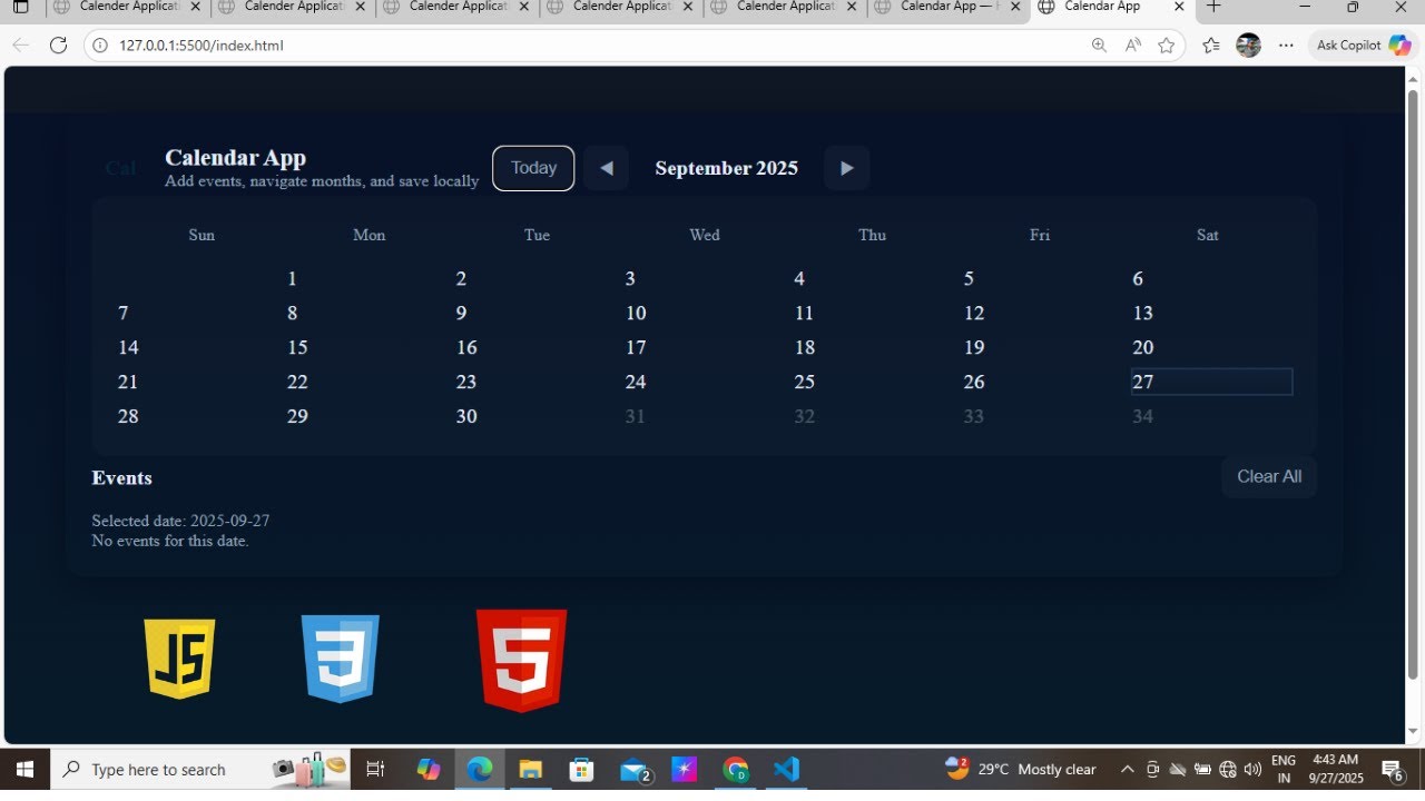 Responsive Calendar App using HTML, CSS & JavaScript | Add & Manage ...
