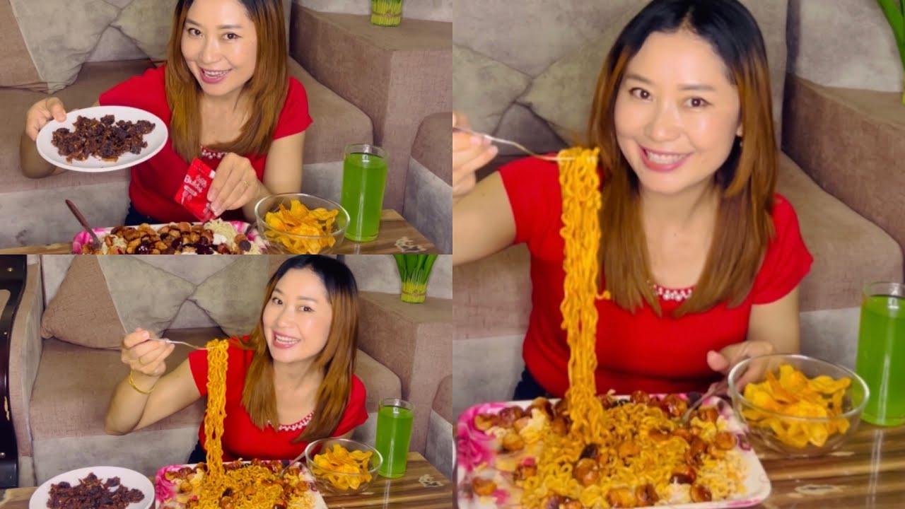 2x spicy 🥵 Korean ramen buff sukuti achar egg sausage with chips and ...