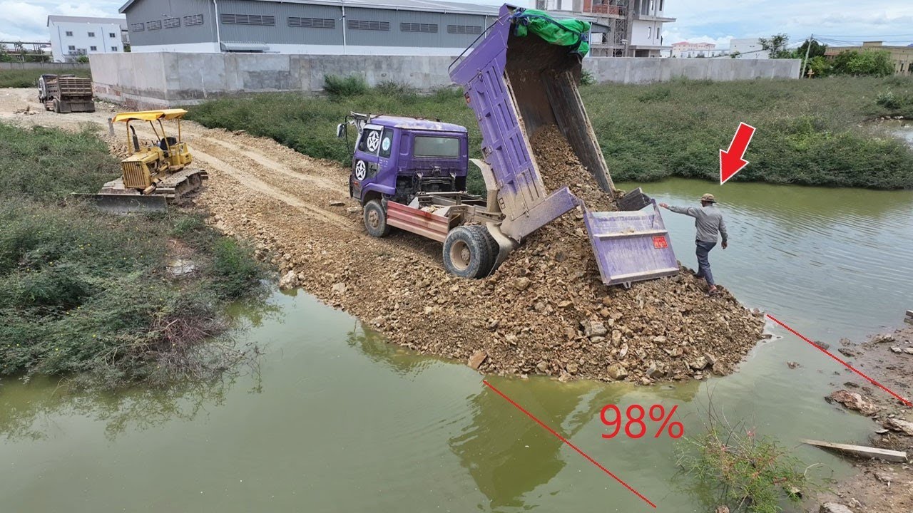 Full New Project Video! Complete100% Expert Operator Komatsu Dozer Push the Rock By dump truck ...