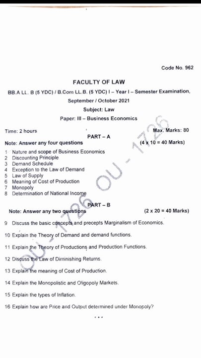 BBA LLB 5 YDC SEM 1 BUSINESS ECONOMICS Previous year question paper of OU 2021 - YouTube