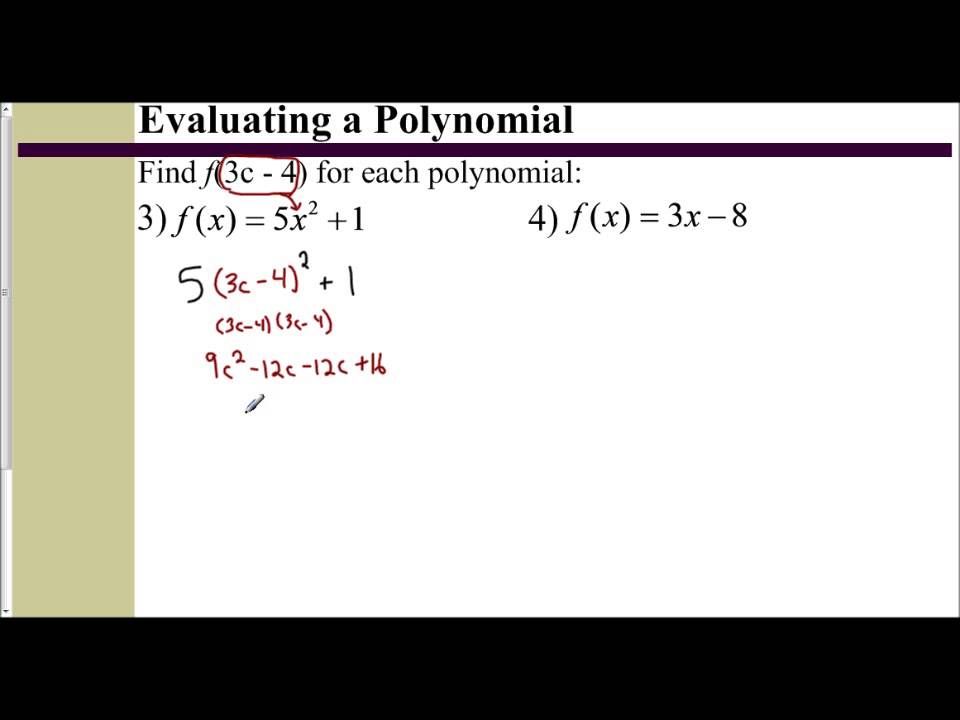 Lesson 6 3 Evaluating A Polynomial Using Function Notation Variable Expression Youtube