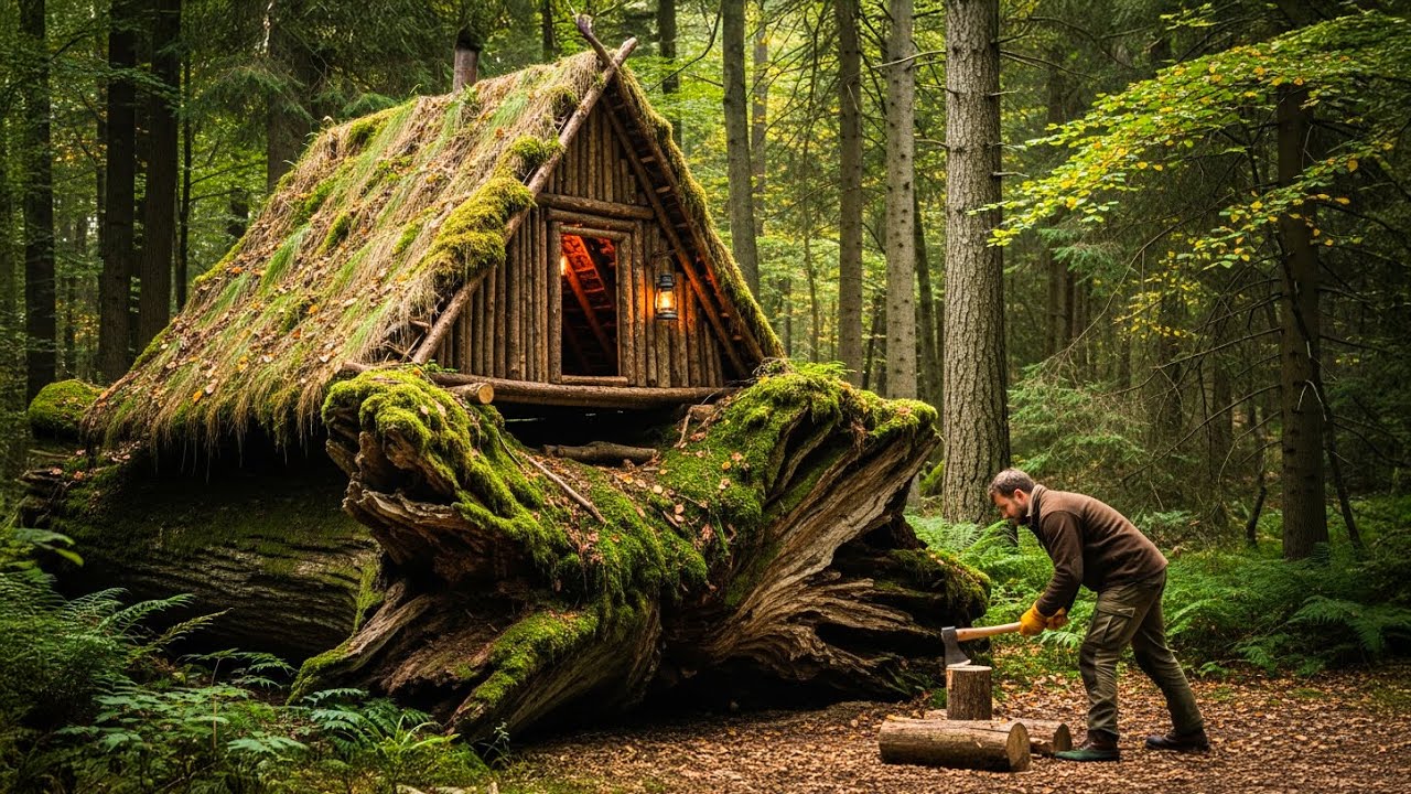 The Cozy Hut Above the Ground – Built on Fallen Trees Alone - YouTube