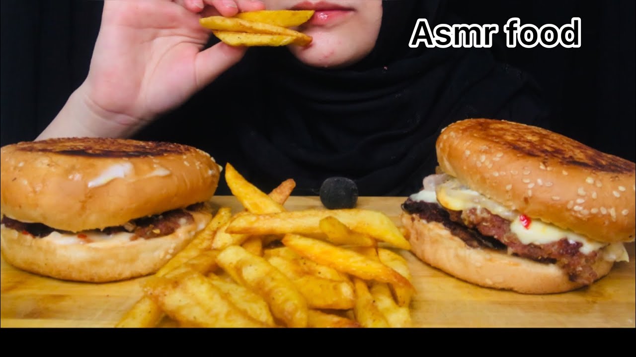 ASMR Fast food Eating Beef Burgers(double patty)+Fries(eating sounds ...