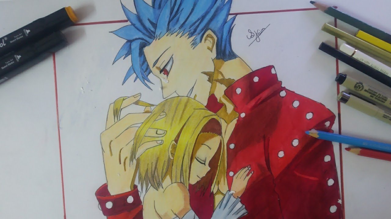 Drawing Ban and Elaine from The Seven Deadly Sins using colour pencils ...