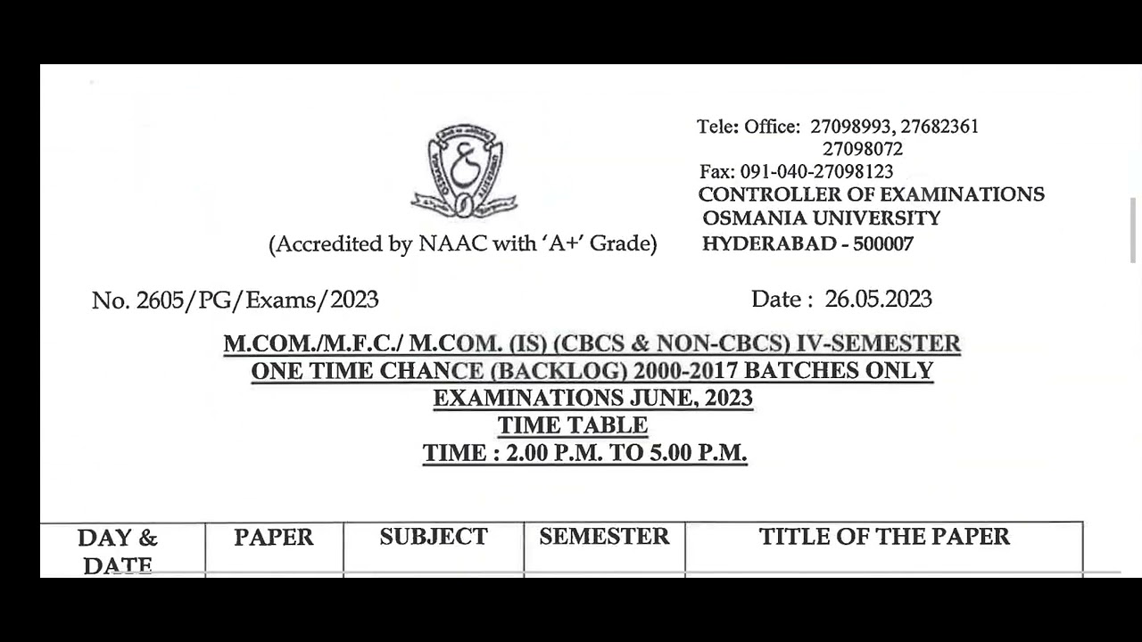 OU PG Exam time table MA MSc MCom backlog exams CBCS Non CBCS June 2023 ...
