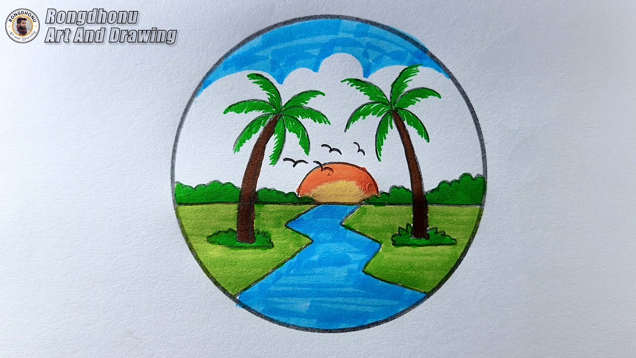 Beautiful Sunset Scenery Drawing with Palm Trees and River | Easy ...