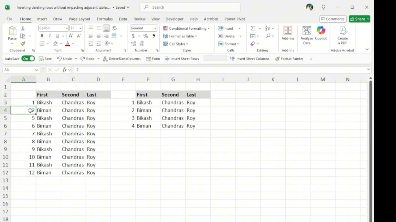 Inserting deleting rows without impacting adjacent tables - YouTube