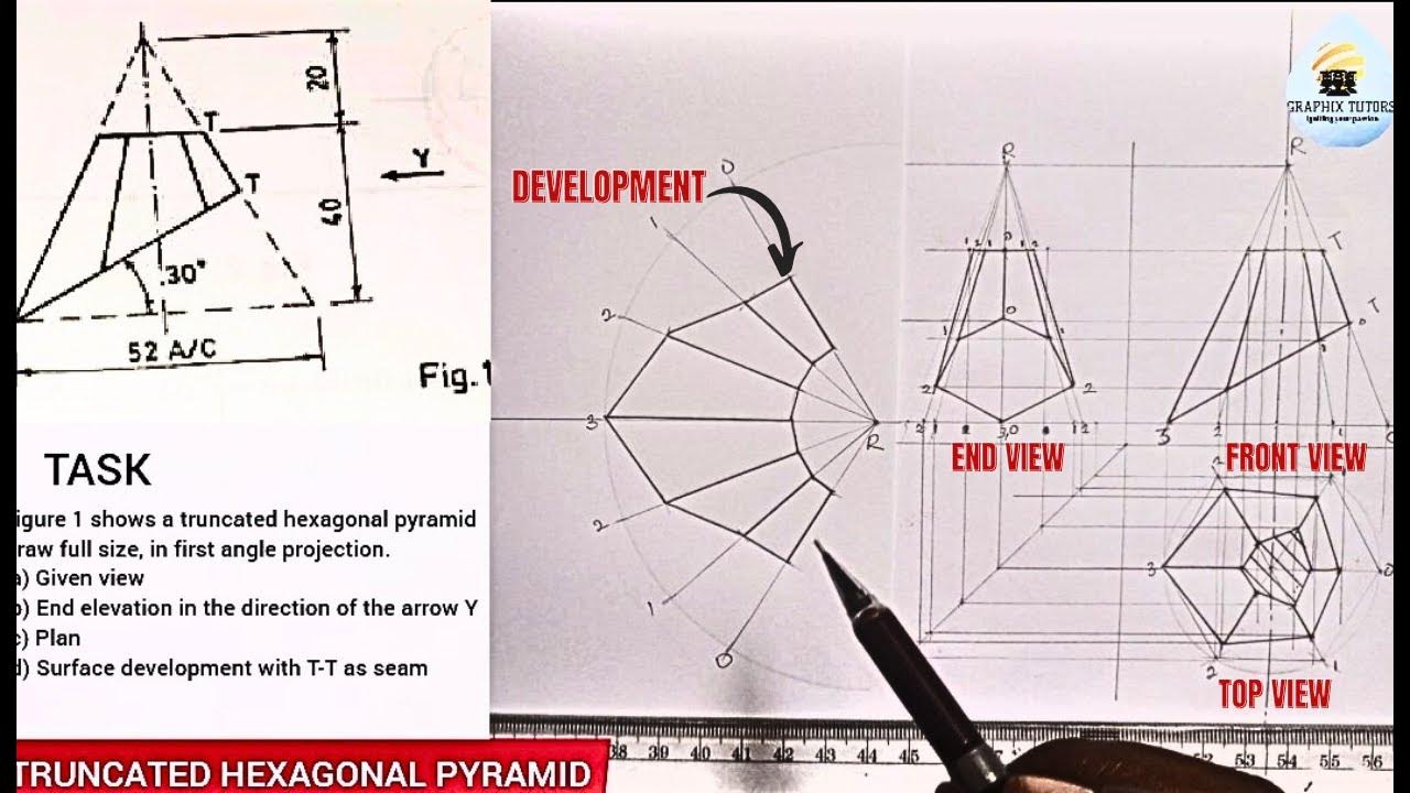 Front View, Top View And Development Of A Truncated Hexagonal Pyramid In First Angle Projection ...