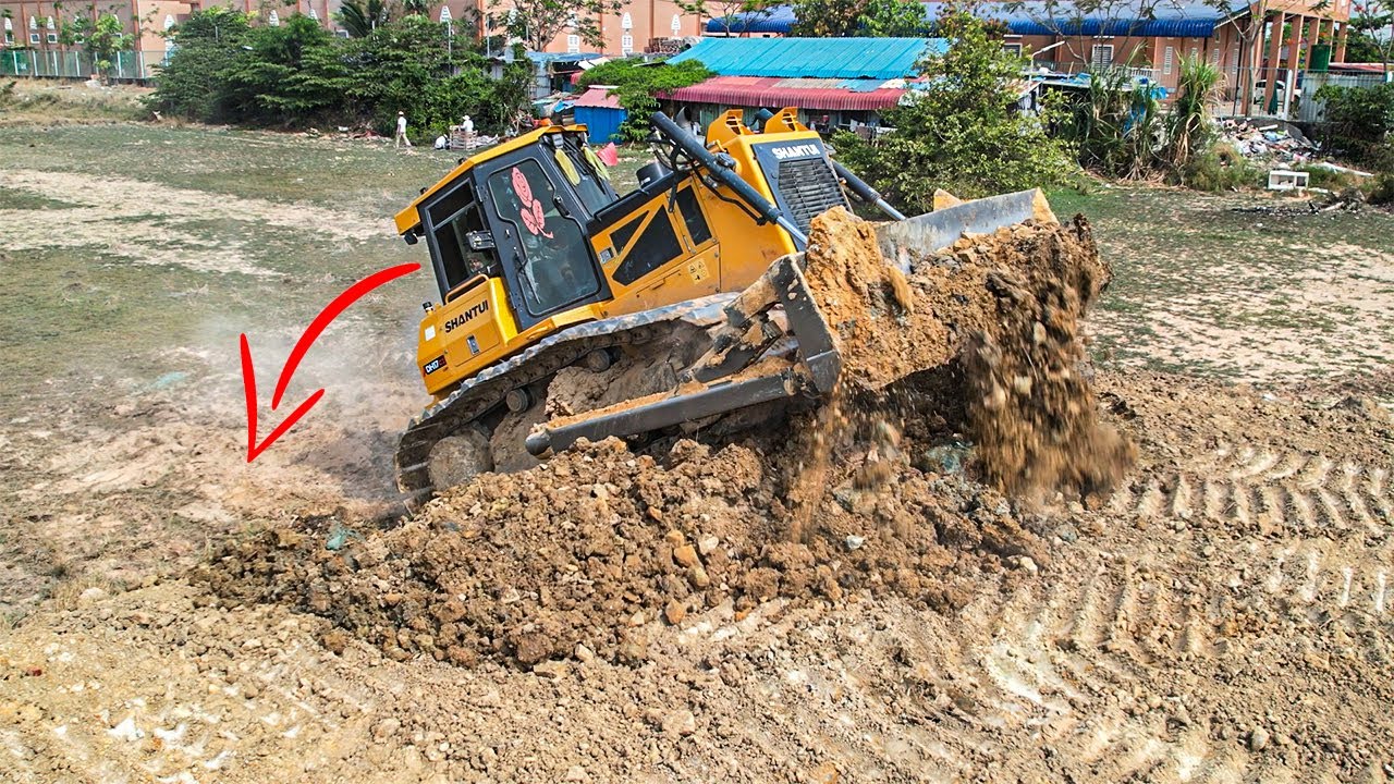 Excellent Good Operator Bulldozer Pushing Dirt By Team At Work Dump ...