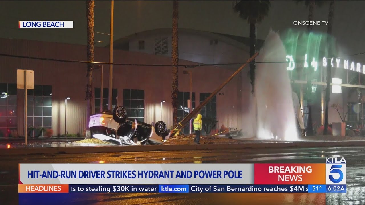 Driver hits fire hydrant and power pole in hit-and-run crash - YouTube