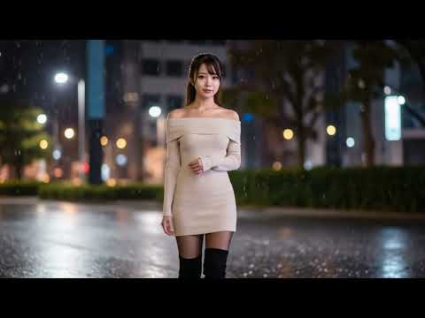 Japanese Woman in Black Tights with off-shoulder mini dress in the Rain