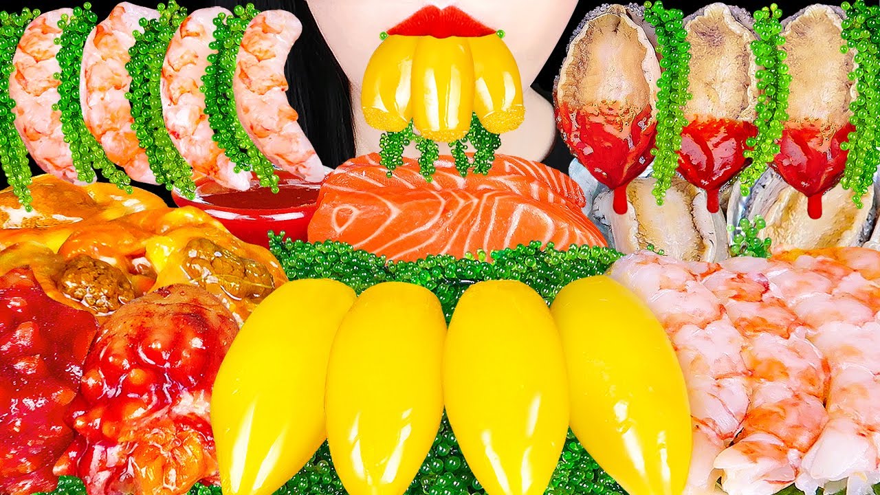 ASMR RAW SEAFOOD MUKBANG 새우회, 연어회, 열빙어 한치, 멍게 전복회 FISH ROE IN SQUID ...