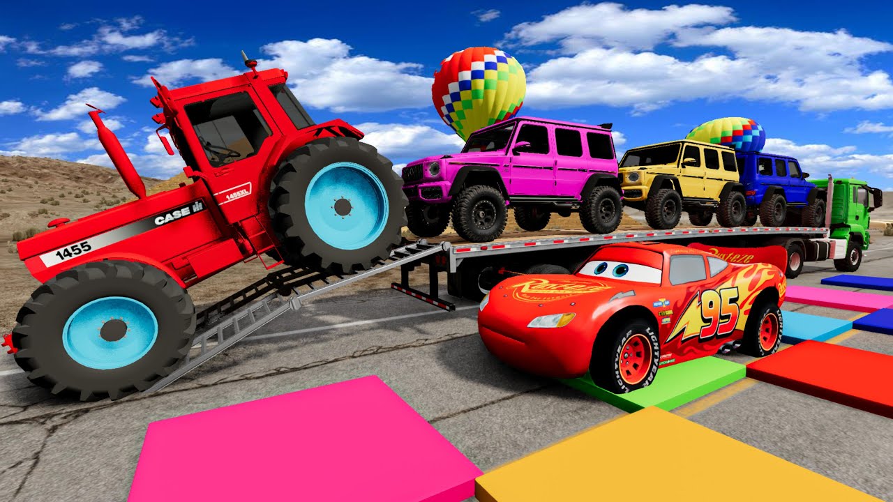 TRANSPORTING PIXAR CARS & FRUITS WITH COLORED & JOHN DEERE vs CLAAS vs ...