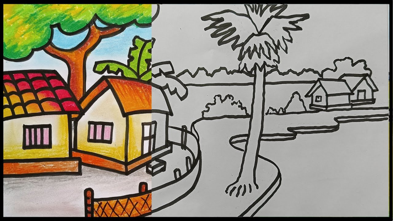 Village scenery drawing | Draw village scenery step by step | Gramer ...