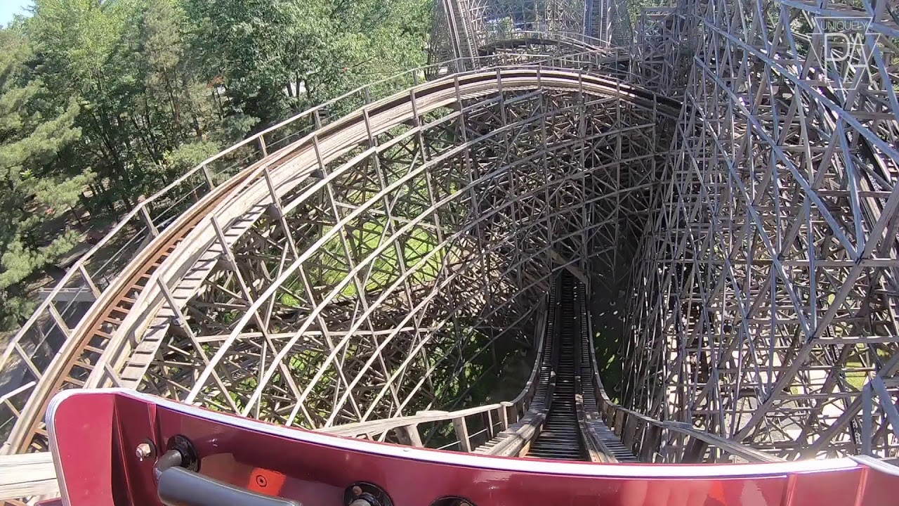Riding the Twister wooden roller coaster at Knoebels POV front seat ...