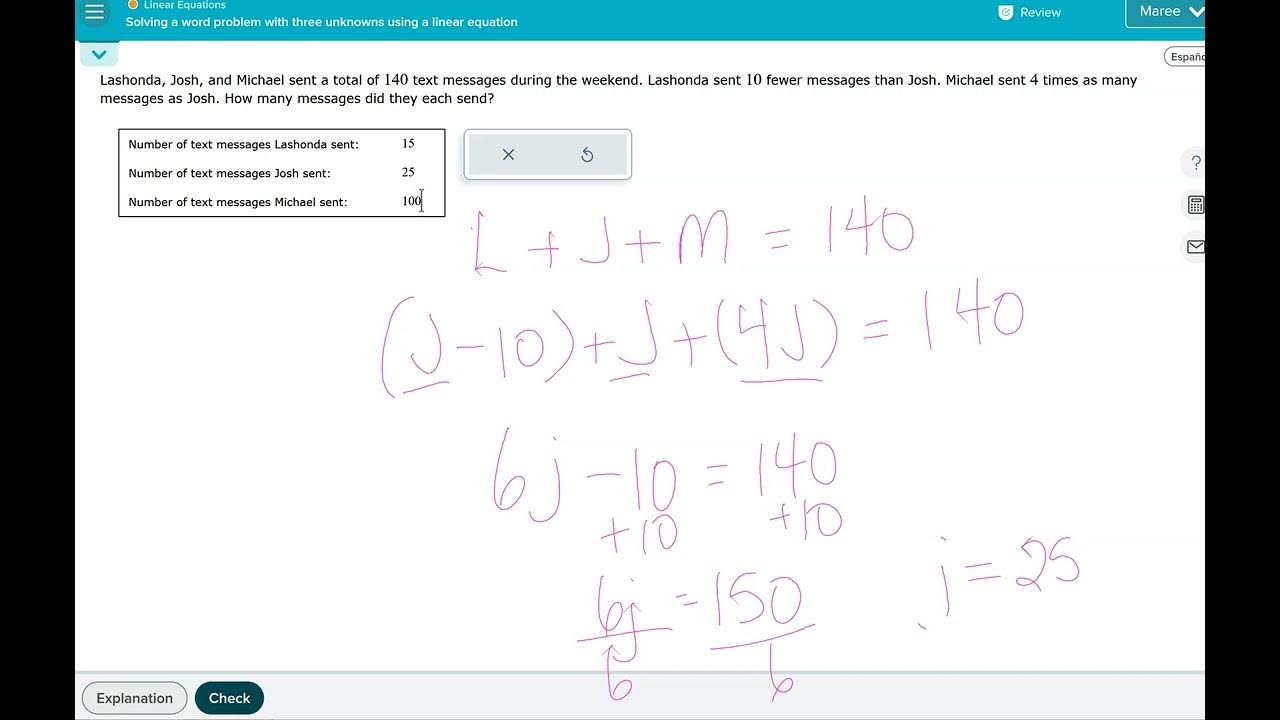 Solving a word problem with three unknowns using a linear equation - YouTube