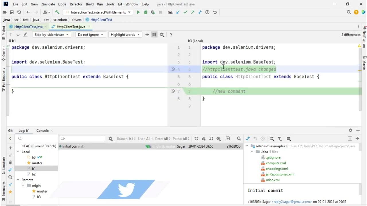 How to compare the file with other git branch in IntelliJ IDEA - YouTube