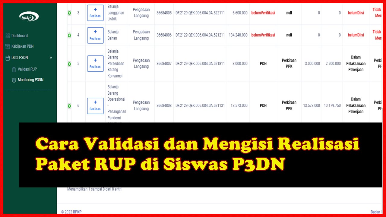 Cara Validasi RUP dan Mengisi Realisasi Paket RUP di Siswas P3DN - YouTube