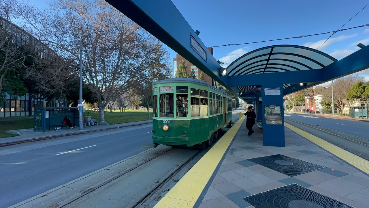 VTA Holly Trolley arrives at Civic Center Station w/ a friendly crew ...