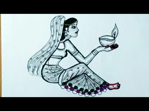 Girl drawing/diya drawing/traditional girl drawing/deepam drawing ...
