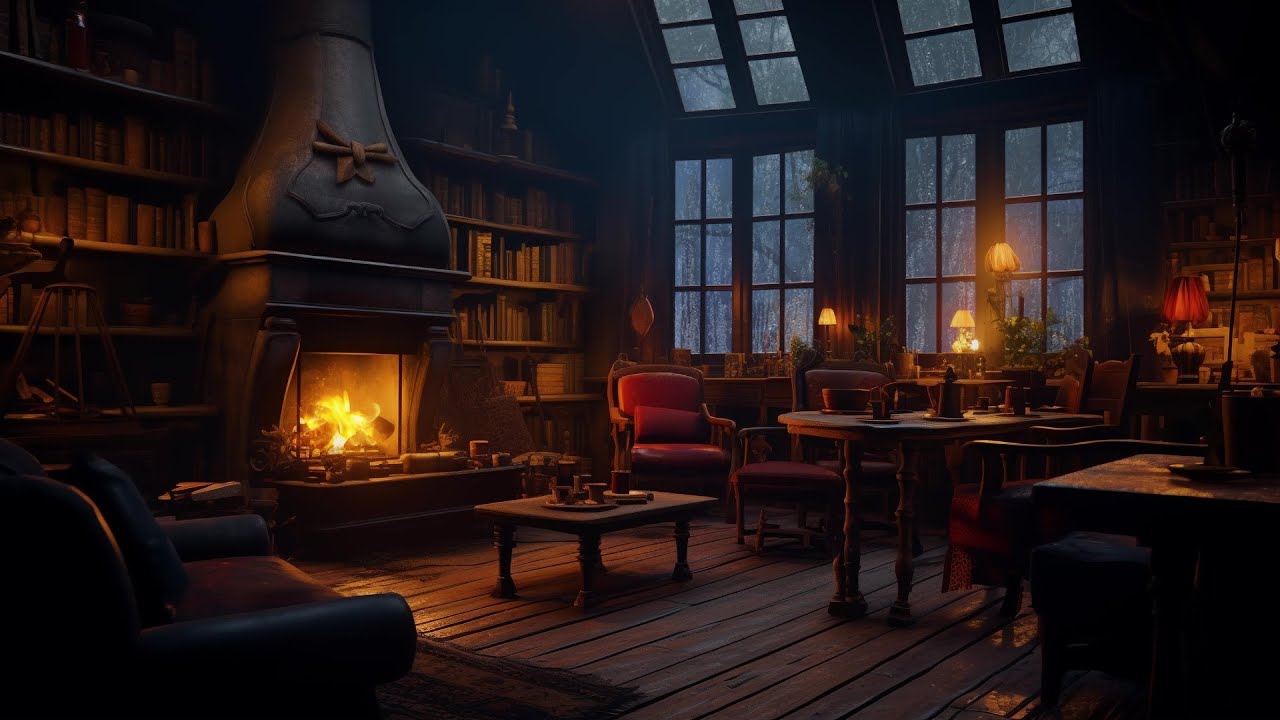 Cozy Bookstore Retreat - Rainy Night with Fireplace & Rain Sounds for ...