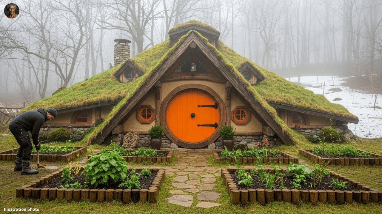 A Man Builds a Simple Wooden House on a Hillside in the Woods Primitive ...