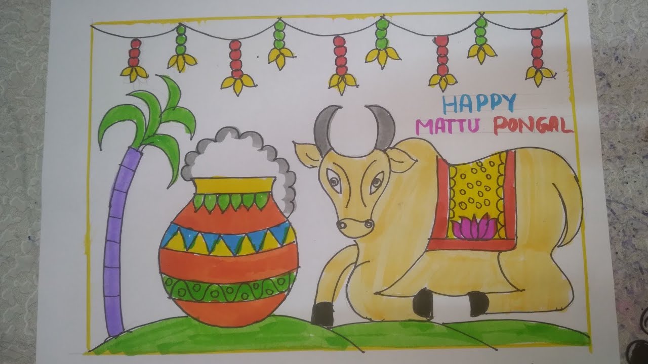 How to draw Mattu pongal/pongal pot drawing/cow drawing - YouTube