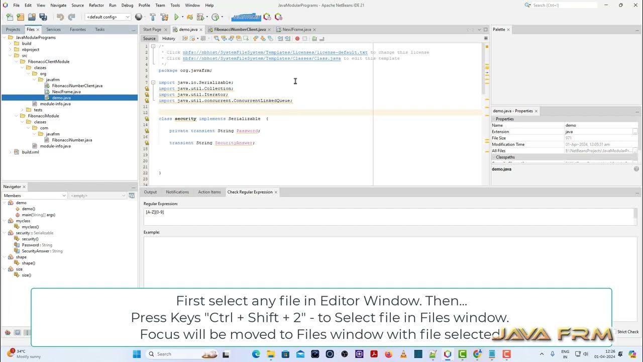 Apache NetBeans IDE 21 Tutorial - Short Cut Key - Ctrl + Shift + 2 - Select file in Files window ...