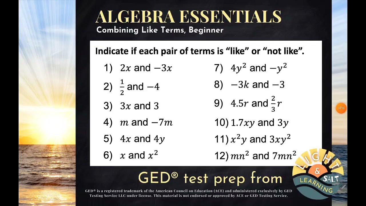 GED® Math: Identifying Like Terms (1.6, Beg, #1-12) - YouTube