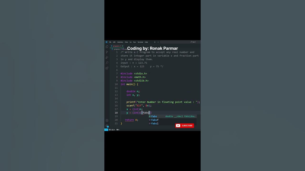 C program accept real number and integral part in x and fraction part in y #coding # ...