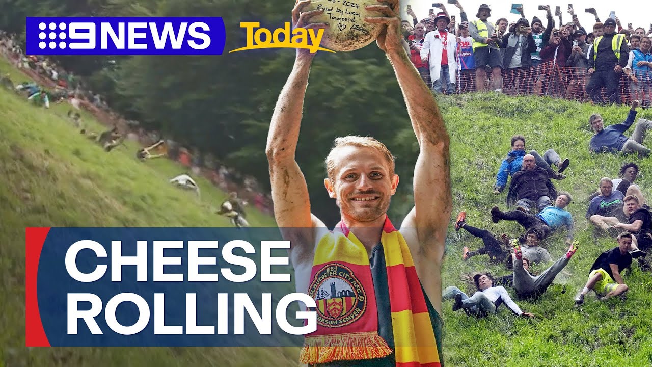Aussie wins UK annual cheese rolling race | 9 News Australia - YouTube