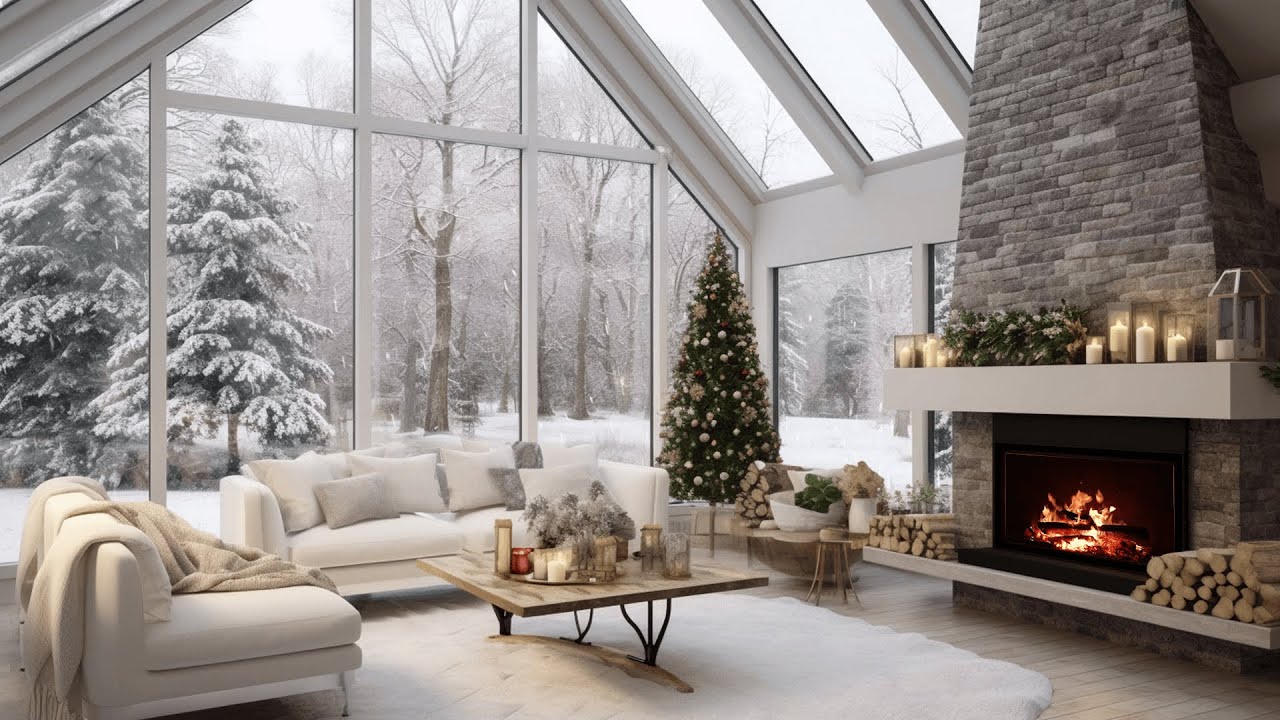 Snowy Fireplace Ambience in Forest | Cozy Winter Sounds for Stress ...