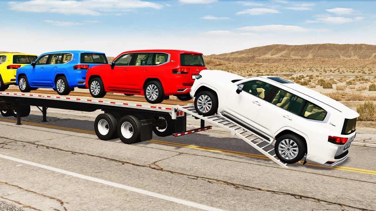 TRANSPORTING MINI HONDA & CRANE TRUCK & LONG BUS with FLATBED TRAILER ...