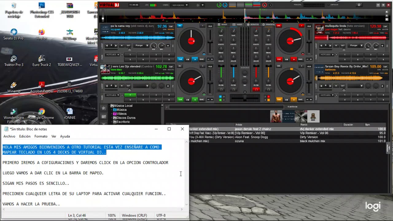 Tutorial como mapear teclado en los 4 decks virtual dj 8 - YouTube