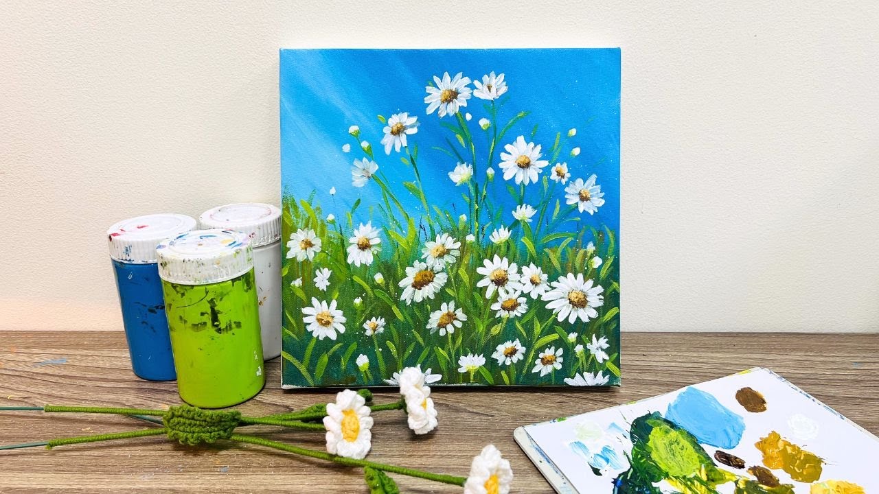 Daisy On The Green Grass | Acrylic painting for beginners step by step ...
