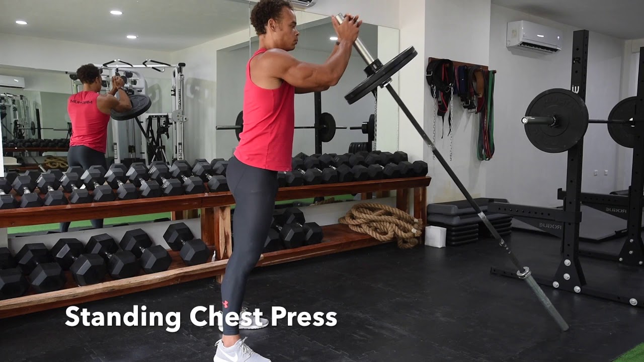 Standing Landmine Chest Press - YouTube