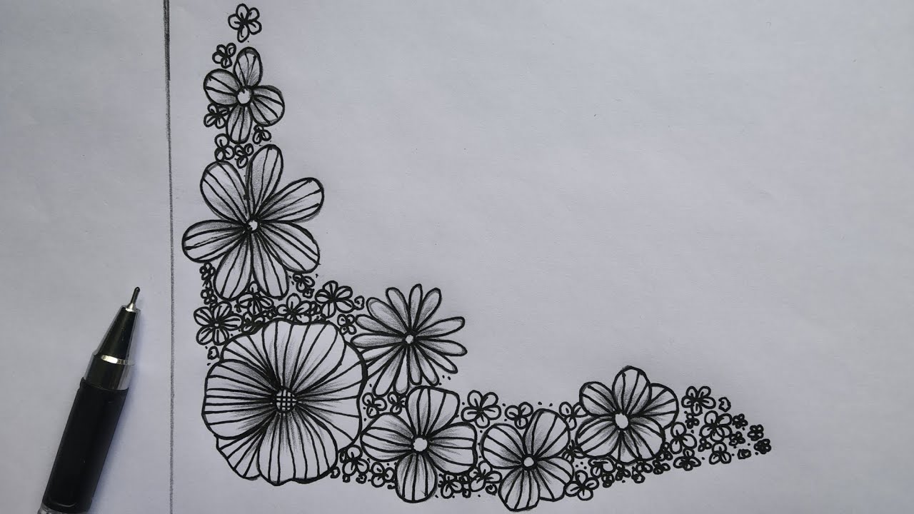 how to draw flowers step by step | corner design drawing | border ...