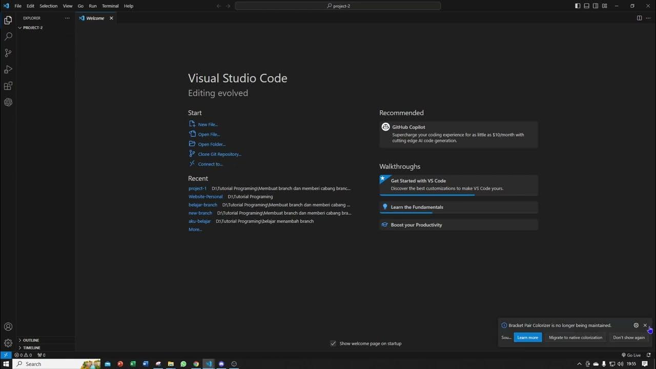 Membuat branch dan memberi cabang branches dengan beda folder vscode | git - YouTube